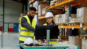 Warehouse manager talking with logistics employee in warehouse, planning transport of products, talking shipping process.