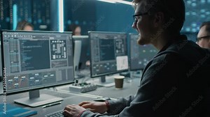 Smart Male IT Programer Working on Desktop Computer in Data Center Technical System Control Room. Team of Young Professionals Programming in Coding Language