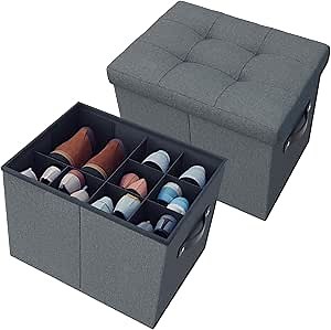 2 Pack Storage Ottoman Shoe Organizer for Closet - Adjustable Dividers Storage Box for Shoes | Clothes | Toy | Blanket, Foldable Foot Stool Small Bench Shoe Cabinet for Living Room & Bedroom
