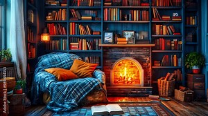 Cozy reading nook with fireplace, warm library interior featuring bookshelves, comfortable armchair, and glowing fire ambiance Stock Video