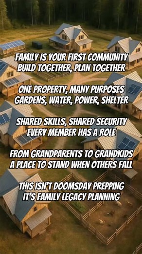A family compound isn’t about isolation. It’s about connection, safety, and legacy. When multiple generations live, work, and prepare together, you build something stronger than supplies. You build resilience. A true compound combines food production, water systems, off grid power, and secure housing, but its real strength comes from people. Each person brings skills that sustain the group: gardening, carpentry, medicine, teaching, and defense. Start with shared goals. Decide who will live there
