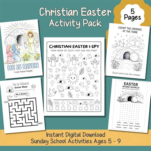 Christian Easter Activity Pack Printable for Kids Ages 5–9 Sunday School Worksheets Resurrection I Spy Maze Word Search Coloring Pages PDF - Etsy