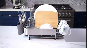 KitchenAid Compact Satin Wire Rust Resistant, Expandable Dish Rack with Angled Self Draining Drainboard with Removable Flatware Caddy, 23.18-Inch, Gray