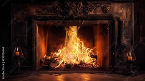 fire burns in the fireplace. fireplace with burning logs. seamless looping overlay 4k virtual video animation background