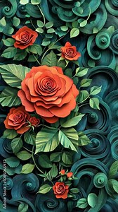 Intricate paper art showcasing several red roses of varying sizes blooming amidst a backdrop of deep teal, swirling designs resembling water or waves