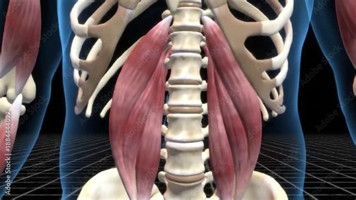 A detailed video of the human lower back and pelvis anatomy with muscles and bones visible
