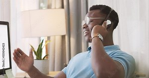 Phone call, happy or black man with smile for networking, communication or telemarketing i house. Remote work, employee or businessman with smartphone for contact us, planning or success consulting