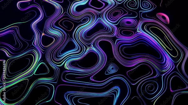 4k abstract looped background with lines. Multicolor flash of curved lines on plane. Abstract compiting neural network or ai. Running neon lights like garland on plane. Luma matte as alpha channel