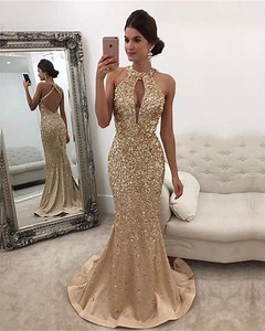 Luxurious Crystal Beaded Mermaid Prom Dresses Halter Open Back