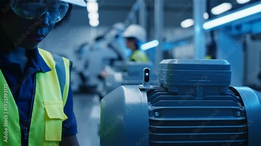 Worker inspects motor vibration using tool in factory facility setting or technician analyzes engine noise with sensor in plant environment