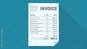 Animation of an invoice falling from the top to the center on blue background with long shadow in flat design style