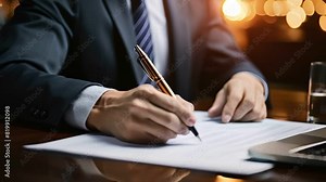 Close up business man signing contract on desk in office , business approve , signing contract , agreement and working document permit