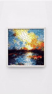 Stippled sunset seascape The densely layered dots create a pointillistic effect, forming a composition that feels both abstract and glowing of a sunset reflection on water. The more surface painted, the more the paper curls, this time I used a cardboard canvas to prevent it. 26 213 dots in acrylic colors paint 4 Daler Rowney acrylic Paint Marker round tip Uuna Tek IDRAW H A3 Speed Idraw 10 000 mm/min DrawingBotV3 LBG Stippling preset CMYK Cardboard canvas 25 x 25 cm Time 2h37 min Drawing 85 m Mo