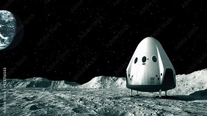 Lunar lander on the Moon with Earth in background. 3d animation. 4k.