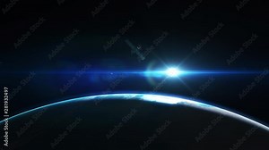 Satellite on planet orbit in sun rays, telecommunications, Internet, technology. Satellite orbiting planet, beautiful space scene