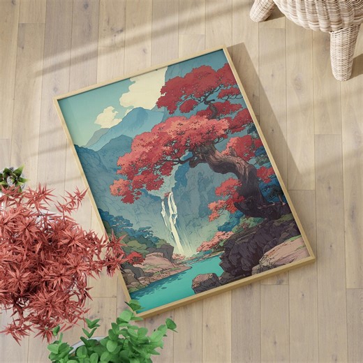 Red Autumn Tree Over River Art Poster or Canvas Print, Serene Japanese-style Landscape, Mountain With Waterfall Art, Tranquil Nature Decor - Etsy
