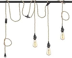 Pendant Light Cord with Switch - Hanging Lights with 27ft Hemp Rope Plug in Cord Triple E26 Light Socket Lamp Pendant Light Kit Farmhouse Lamp for Living Room Bedroom DIY Decor