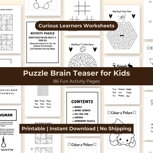 Puzzle Brain Teaser for Kids Printable, 86 Page Activity Book, Mazes Word Search Sudoku Hangman Coloring Pages Fun, Instant Download, PDF - Etsy UK