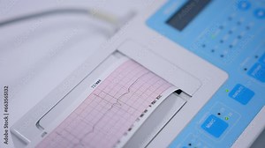Heart check up result produced by electrocardiograph. Close up. Medical equipment working in hospital.