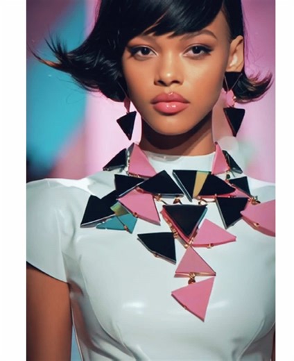 Editorial AI fashion • Wearable avant-garde jewellery White PVC • sculptural pink geometry Details • Runway confidence #aifashion #digitalfashion #avantgardefashion #editorialstyle #fashionart #runwayinspired #avantgardejewellery