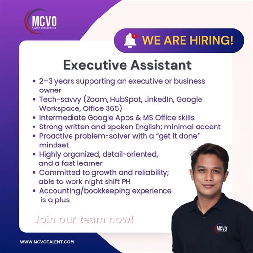 🌟 We’re Hiring: Executive Assistant MCVO is looking for a highly organized, proactive Executive Assistant to support our executive team. This role is perfect for someone who thrives on structure, loves keeping things running smoothly, and knows how to move work forward without being asked twice. What You’ll Do • Manage executive calendars, including scheduling and confirming meetings • Handle email management (filtering junk, unsubscribing from solicitations) • Track expenses and provide genera