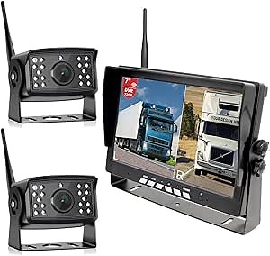 Vehicle 720P Digital Wireless Backup Camera System 7inch AHD IPS Monitor 1024X600 DVR Loop Recording+ 2pcs IP69K Waterproof IR Wireless Reversing Camera Dash Camera for Car Truck Bus RV Trailer