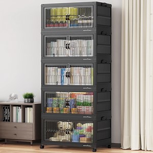 BROVIEW 150Gal Large Storage Bins with Lids, 600Qt Plastic Stackable Closet Organizer and Storage, Collapsible Storage Box with Wheels, Folding Storage Cabinet Containers for Home Office, 5Pack Black