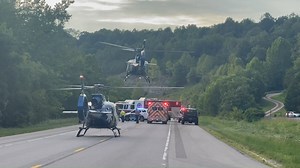 The Base 7 and Base 3 flight teams assist Carter County EMS, Grayson Fire Department, and the Carter County Sheriff's Office KY with patient care after a vehicle crash in Grayson, Kentucky. 📷 Andrew Smith | HealthNet Aeromedical Services