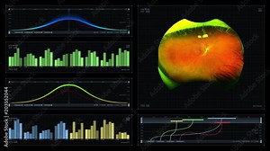 Multi-panel visual display: eye scan, graphs, readouts, indicators. Reversible seamless loop. Stock Video