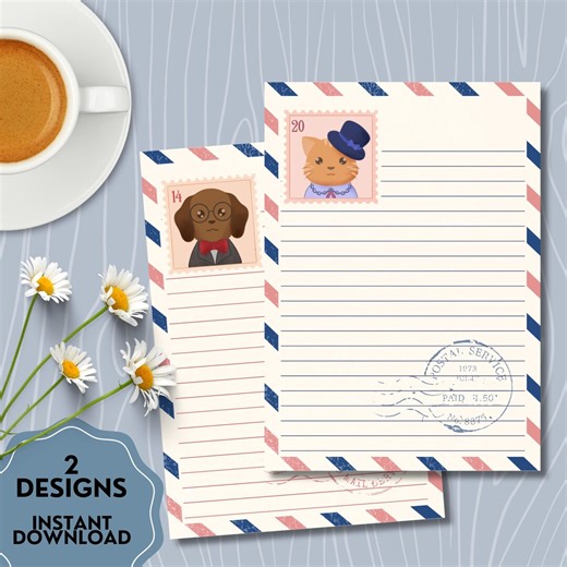 Cat and Dog Mail Stamp, Vintage Letter Notepad, Vintage Print, Printable Notepad A6, Kawaii Memo, Cute Stationery, Junk Journal Paper - Etsy