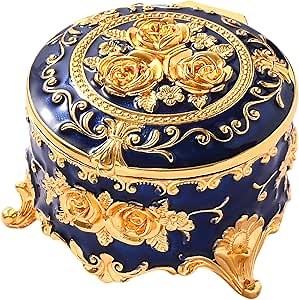Vintage Jewelry Box, Gold Round Treasure Ring Box, Metal Trinket Organizer Keepsake Box Gift for Girl Women, Deep Blue