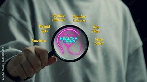 Woman is holding a magnetify that showing human head with heart outline in the middle. Around have wording as positive thinking, weight loss, nutrition and etc. Mental health and wellness being concep