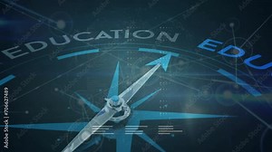 Animation of magnetic needle on compass pointing to education text over processing data and networks