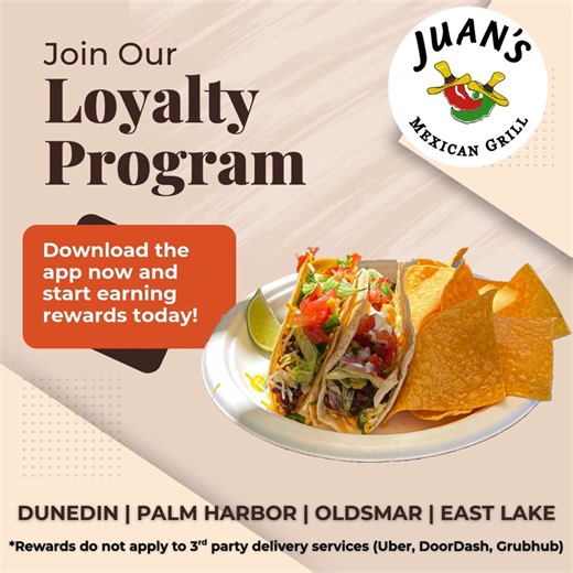 🌮 Eat. Earn. Get Rewarded at Juan’s Mexican Grill! 🌮 Join the Juan’s Rewards Program and get rewarded every time you crave your favorites! ✨ How it works: • Download the Juan’s Mexican Grill App • Get 50 points just for signing up • Earn 1 point for every $1 spent (online or in-store with the app) • 200 points = $10 OFF your order 🎉 Whether you’re grabbing lunch, dinner, or your go-to burrito bowl, those points add up fast! 📲 Order online or scan in-store to earn 🚫 Rewards do not apply to 3