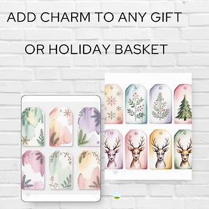 Printable Christmas Gift Tags Pastel Holiday Wrapping Labels Watercolor Reindeer & Holly Tags DIY Gift Tag - Etsy