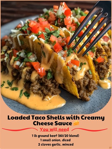21K views · 157 reactions | Loaded  Taco Shells with Creamy Cheese Sauce 燎 Seasoned beef in crispy shells topped with silky melted cheese sauce, fresh veggies, and all the fixings - taco night perfection! Ingredients: 1 lb ground beef (80/20 blend) 1 onion, diced ..... Full Recipe in Coʍmеոτ   | Family Meal Recipes | Facebook