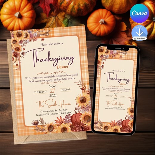 Thanksgiving Dinner Invitation Template, Editable Canva Evite (digital Download) - Etsy
