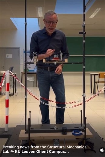 Structural Mechanics Lab @KU Leuven Ghent Hypothesis: "If the energy is not properly absorbed, the structure will respond dynamically." Method: Induce vibrations. Result: The stuffed animal entered a clearly fatal flight regime. Conclusion: Properly tuned mass dampers save structures. Always tune your TMDs. #StructuralMechanics #StructuralDynamics #TunedMassDamper #STEM #CivilEngineering #kuleuven KU Leuven | Shamoon Ahmed