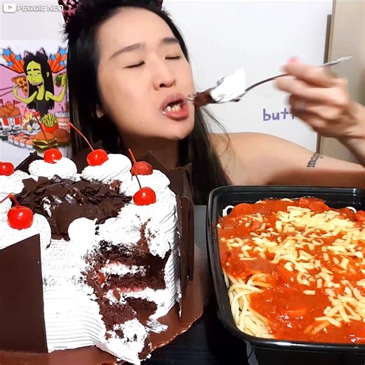 10K views · 363 reactions | Eating Red Ribbon's Black Forest Cake and Jollibee's Spaghetti! #mukbang #asmr #filipinofood #pinoyfood #cake #dessert | Peggie Neo | Facebook