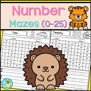 Cute Animals - Number Mazes 0-25 Color Trace Write Number Recognition Worksheets
