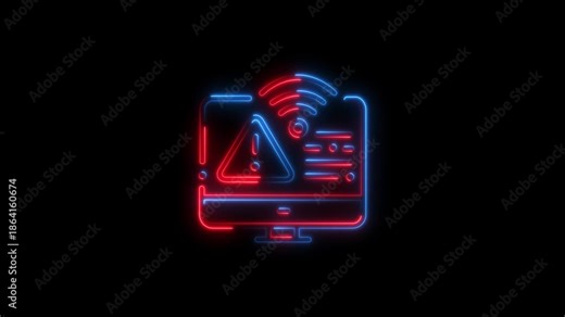 Glowing Neon ren and blue Computer Warning Icon with WiFi Signal on Black Background, Cyber Security Alert, Network Error, System Protection, Internet Risk, Digital Technology Interface, Futuristic U