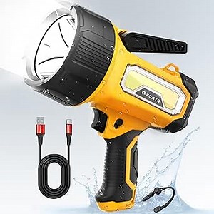 FORTO Rechargeable Spotlight, 200000 Lumens Handheld Spot Light with Foldable Stand, 6 Modes IPX7 Waterproof LED Spot Lights for Walk The Dog Hunting Camping Hiking Boating (Yellow)