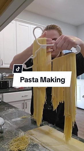 Don't have a drying rack for your pasta use a hanger! Made extra so next time its ready to go :) #momsoftiktok #homesteadmom #homestead #homesteadkitchen #pasta #cookwithme #madefromscratch #healthy #food