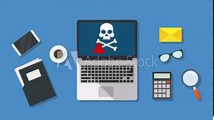 Malware virus ransomware attack warning alert concept motion animation.Top view of workplace with Opened laptop.Flat design.blue background.Workspace with laptops
