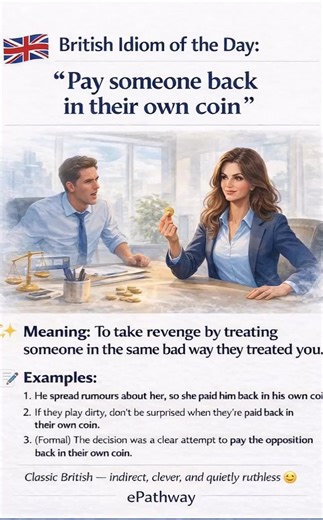 🇬🇧 British Idiom of the Day Pay someone back in their own coin ✨ Meaning: To take revenge by treating someone in the same bad way they treated you. 📝 Examples: He spread rumours about her, so she paid him back in his own coin. If they play dirty, don’t be surprised when they’re paid back in their own coin. (Formal) The decision was a clear attempt to pay the opposition back in their own coin. | English Pathway