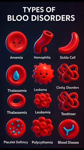 RxQuestZone on Instagram: "Blood disorders - Anemia: Low RBC count or hemoglobin - Thrombocytopenia: Low platelet count - Leukemia: Cancer of blood-forming cells - Hemophilia: Bleeding disorder due to clotting factor deficiency - Thalassemia: Inherited blood disorder affecting hemoglobin production - Sickle Cell Disease: Genetic disorder affecting hemoglobin - Polycythemia is a condition where there's an overproduction of red blood cells, making blood thicker and increasing clot risk. #BloodDiso