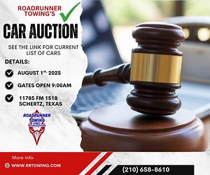 It's time for another Roadrunner Towing Car Auction: WE'VE MOVED SO PLEASE TAKE NOTE OF NEW LOCATION: ✅ 11785 FM 1518 Schertz, Texas ✅ Aug 1st ✅ Gates open at 9am, Auction 11am https://www.rrtowing.com/auction | Roadrunner Towing Service, Inc.
