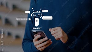 AI agent chat service and customer support. Artificial intelligence helping and assisting customer. Person using mobile or laptop computer to ask questions to AI at desk