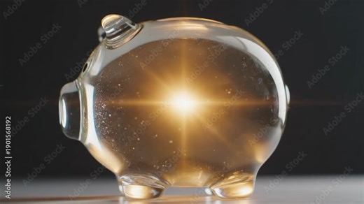Transparent piggy bank absorbing light. In a quiet space, a clear piggy bank begins to fill with luminous light, spreading evenly as if being carefully saved.