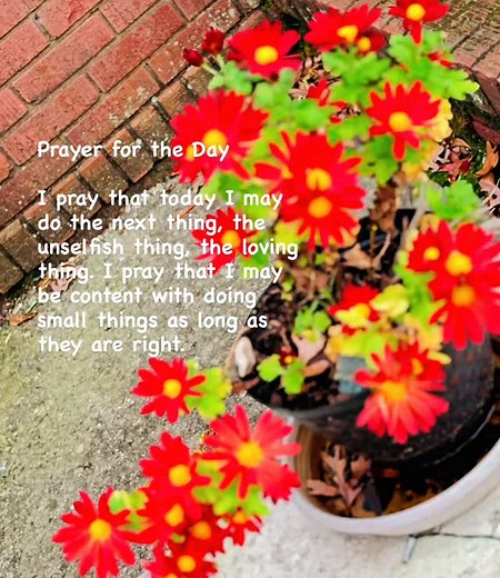 Prayer for the Day I pray that today I may do the next thing, the unselfish thing, the loving thing. I pray that I may be content with doing small things as long as they are right. #powerofprayers #dothenextrightthing #bekindalways❤️❤️ #smallthingsturnintobigthings #lovejustlove | Debbie Mayo
